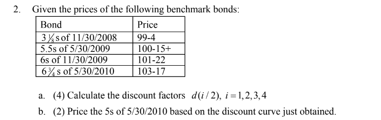 Solved 2. Given the prices of the following benchmark bonds: | Chegg.com