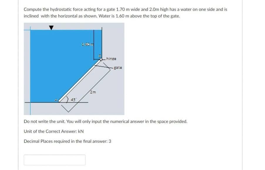 Solved Compute the hydrostatic force acting for a gate 1.70 | Chegg.com