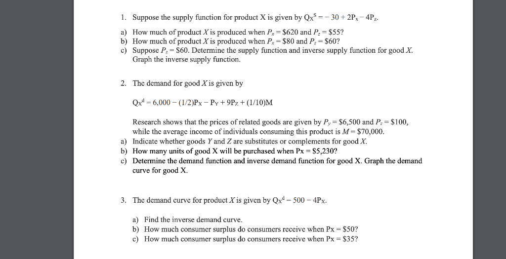 Solved 1. Suppose the supply function for product X is given | Chegg.com