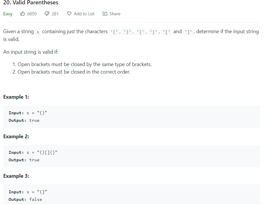 Solved 20. Valid Parentheses Easy 6850 281 Add to List G | Chegg.com