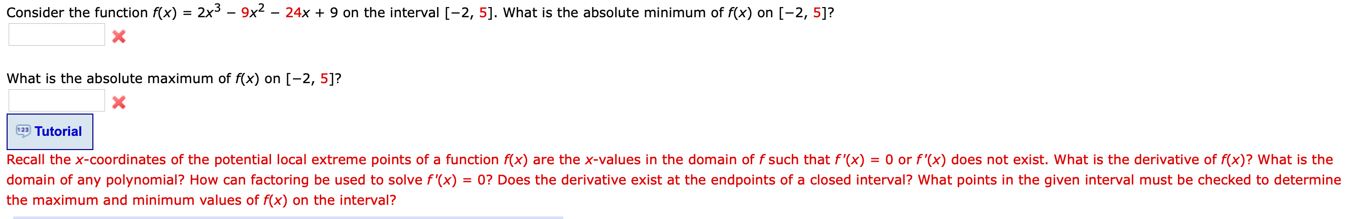 Solved Consider the function f(x) = 2x3 – 9x2 – 24x + 9 on | Chegg.com