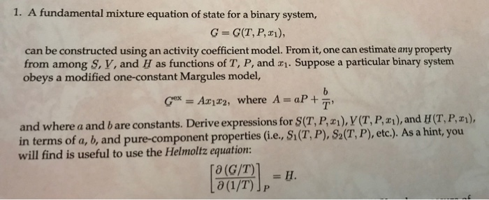 Solved 1. A fundamental mixture equation of state for a | Chegg.com