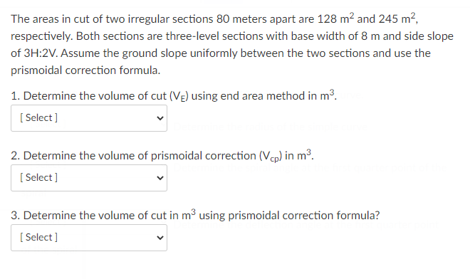 Solved The areas in cut of two irregular sections 80 meters | Chegg.com