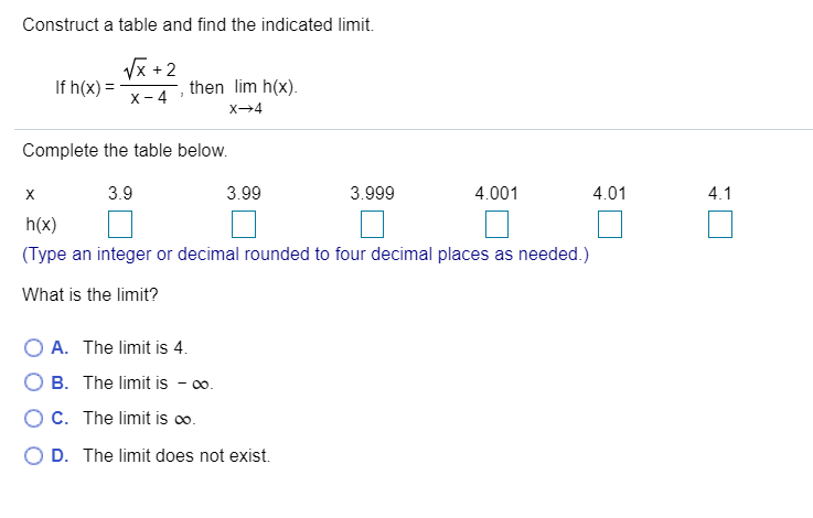 Solved Construct a table and find the indicated limit. VX + | Chegg.com
