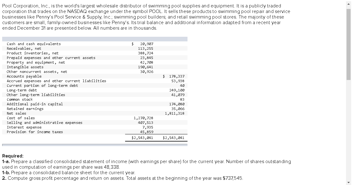 Solved Pool Corporation, Inc., is the world's largest | Chegg.com