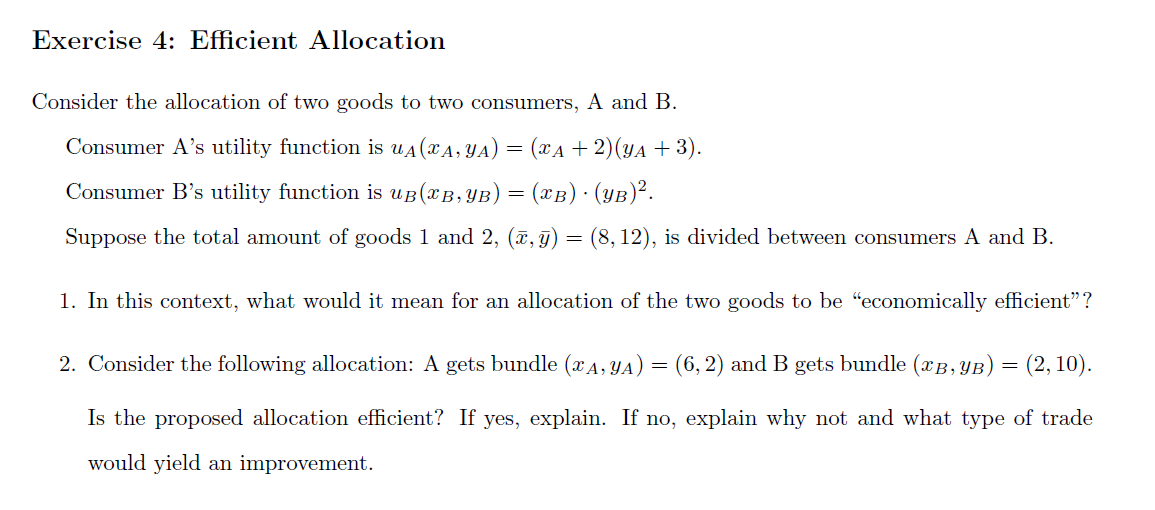 Solved Exercise 4: Efficient Allocation Consider the | Chegg.com