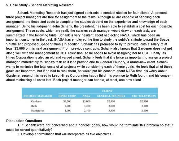 Solved 5. Case Study - Schank Marketing Research Schank | Chegg.com