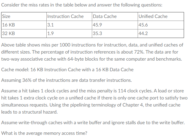 Solved Consider the miss rates in the table below and answer | Chegg.com