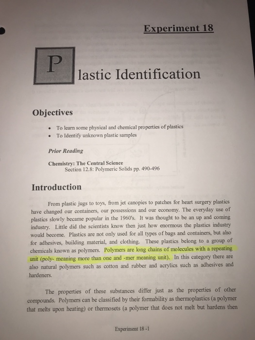 Solved: Pre-Laboratory Exercise: Plastics Identification I... | Chegg.com