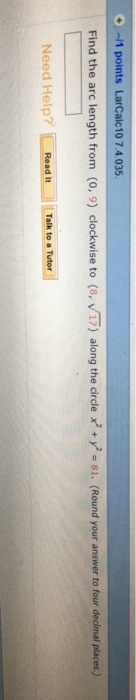Solved Find the arc length from (0, 9) clockwise to (8, V | Chegg.com