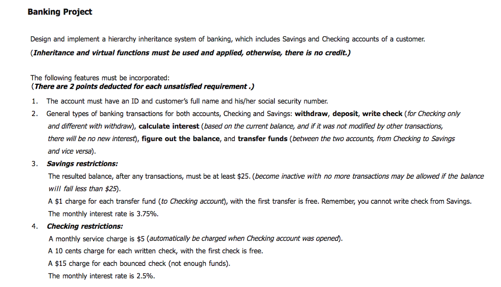 Solved Banking Project Design And Implement A Hierarchy