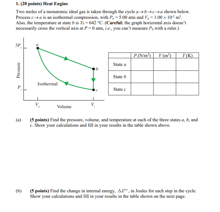 Solved 1. (20 points) Heat Engine Two moles of a monatomic | Chegg.com