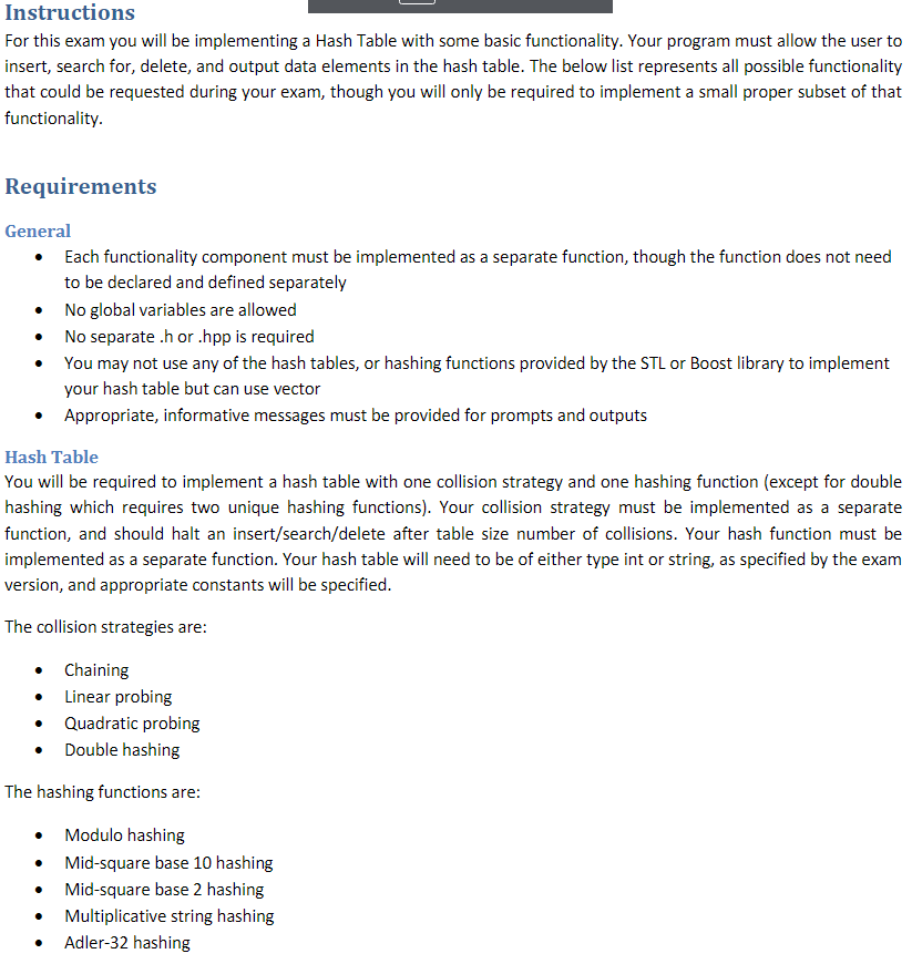 Solved Instructions For this exam you will be implementing a | Chegg.com