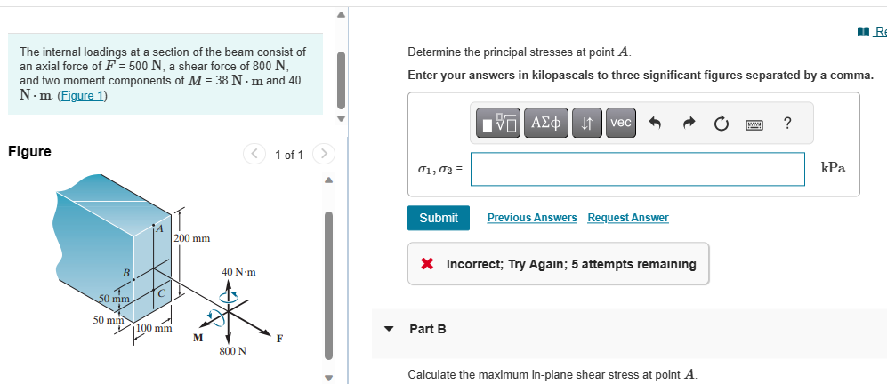 Solved The internal loadings at a section of the beam | Chegg.com