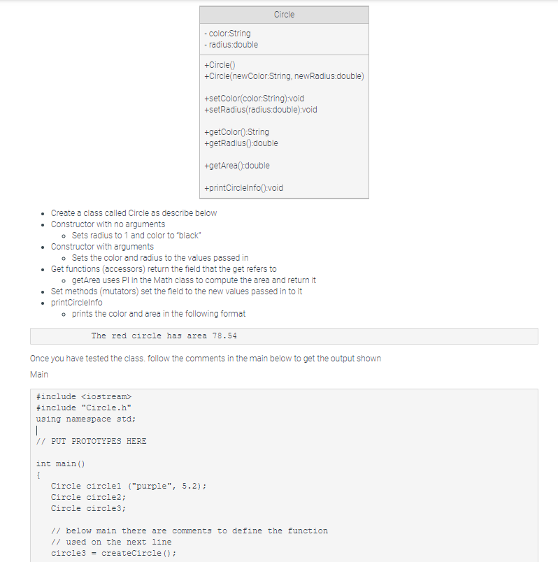 Solved Circle -color:String -radius:double +Circle) | Chegg.com