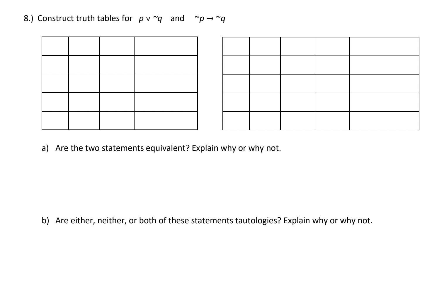 Solved 8.) Construct truth tables for p∨∼q and ∼p→∼q a) Are | Chegg.com