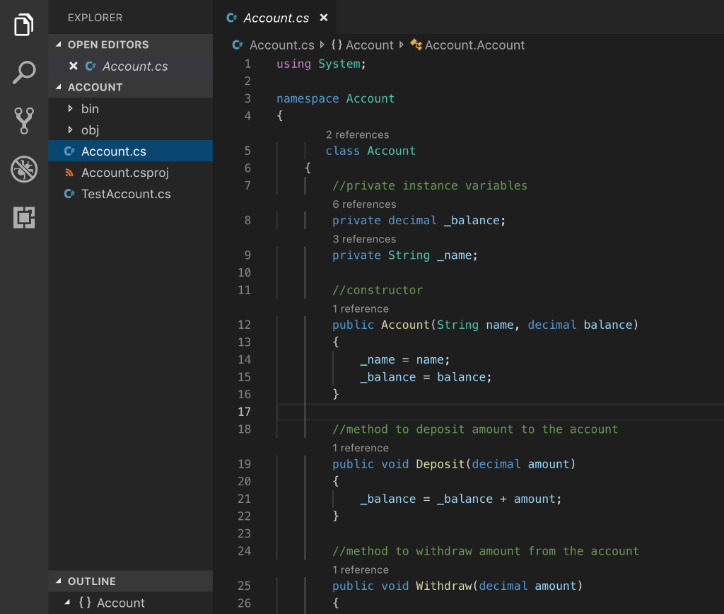 Solved EXPLORER C# Account.cs X A OPEN EDITORS X C# | Chegg.com