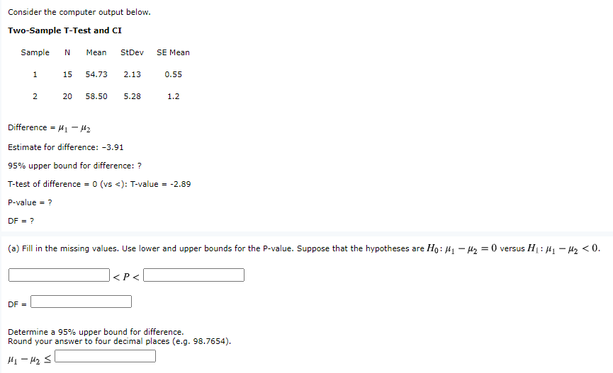 Solved Consider the computer output below. Two-Sample T-Test | Chegg.com