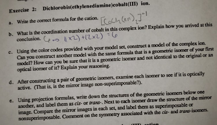 Solved Exercise 2: Dichlorobis(ethylenediamine)cobalt (III) | Chegg.com