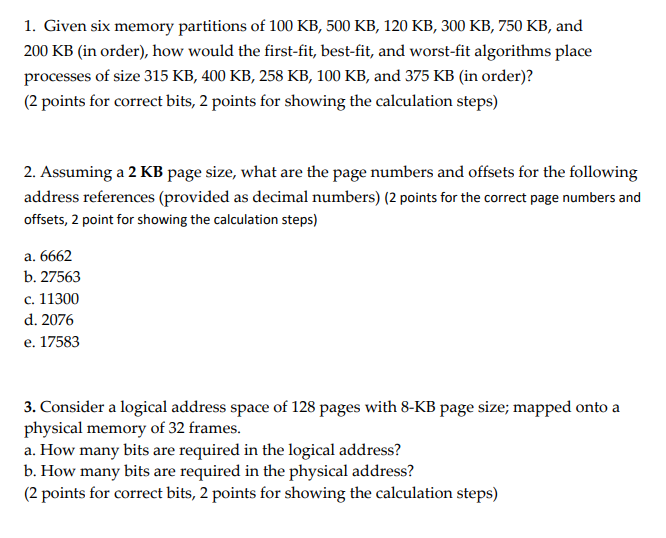 Solved 1. Given six memory partitions of 100 KB, 500 KB, 120 | Chegg.com