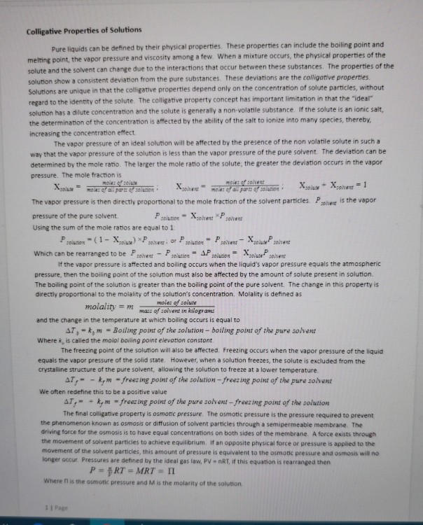 Solved Colligative Properties of Solutions Pure liquids can | Chegg.com