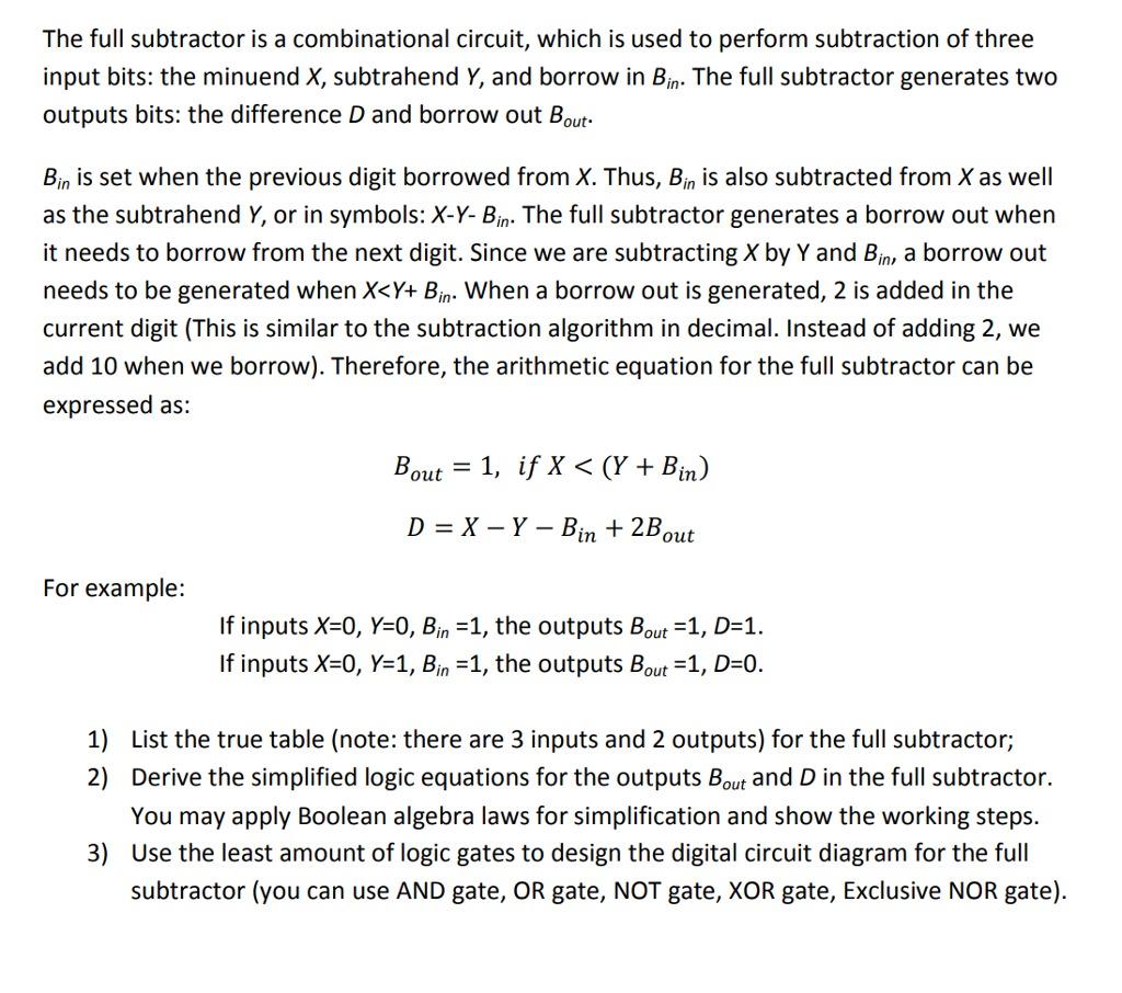 Solved The full subtractor is a combinational circuit, which | Chegg.com