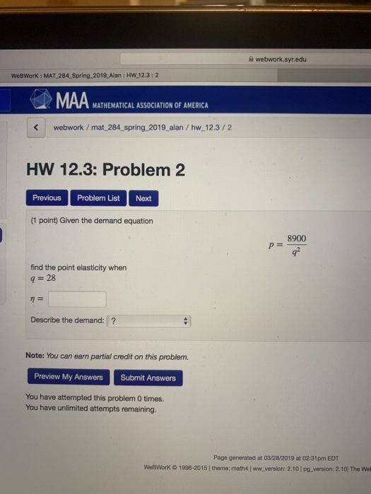 Solved webwork.syr.edu WeBWorK : MAT 284 Spring 2019 Alan: | Chegg.com