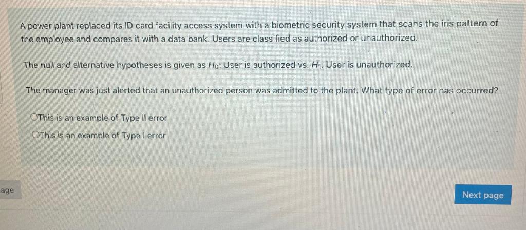 Solved A power plant replaced its ID card facility access | Chegg.com
