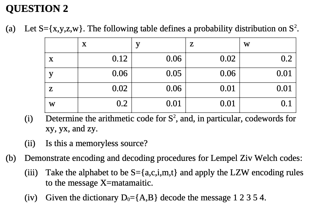 Solved QUESTION 2 (a) Let S={x,y,z,w}. The following table | Chegg.com