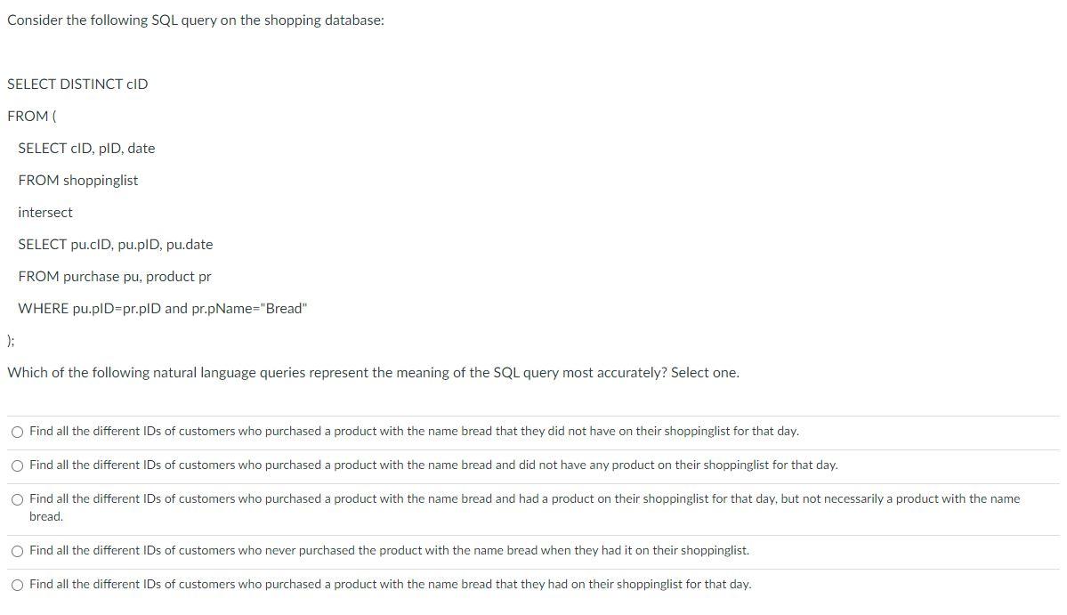 Solved Consider the following SQL query on the shopping | Chegg.com