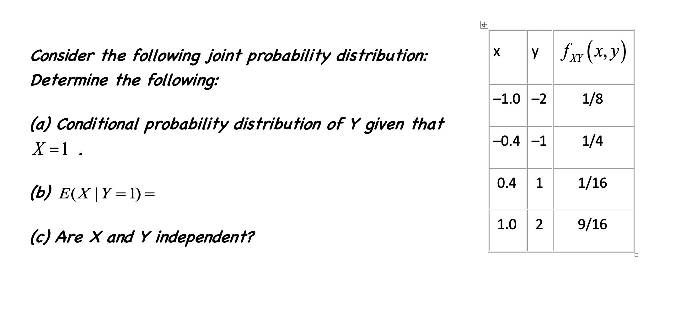 Solved X y fxy(x,y) Consider the following joint probability | Chegg.com Solved X y fxy(x,y) Consider the following joint probability | Chegg.com