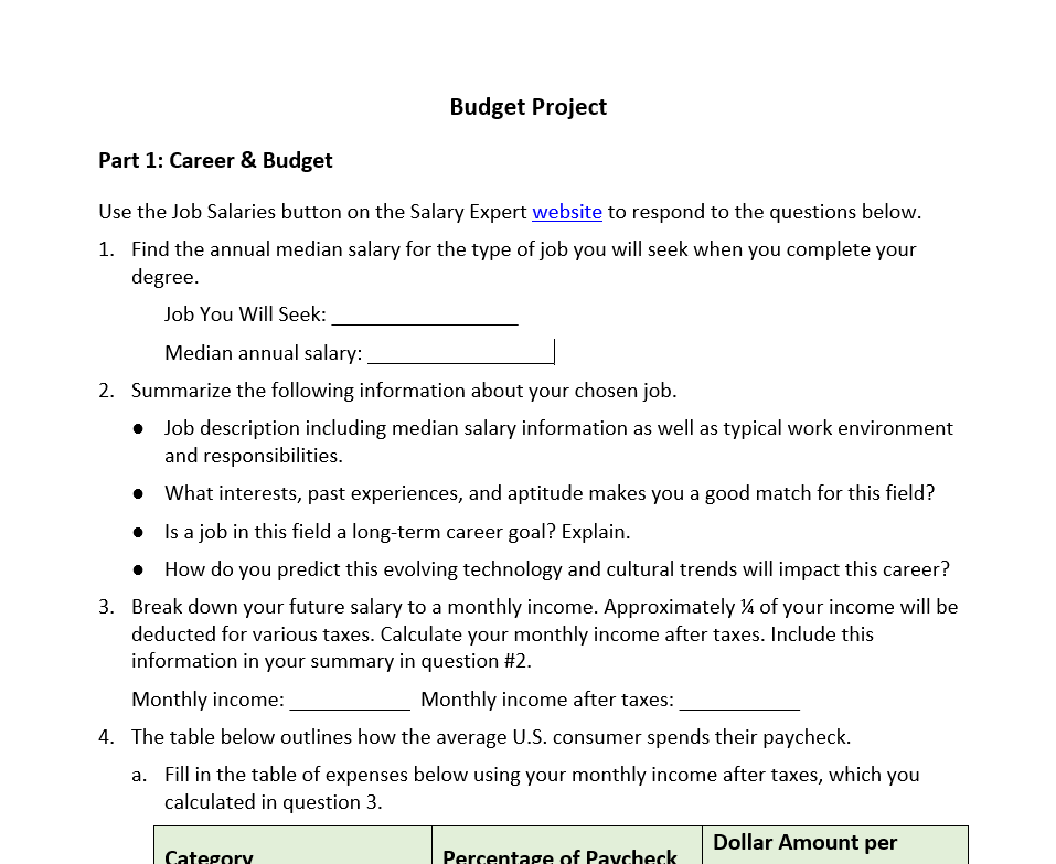 Solved Budget Project Part 1: Career & Budget Use the Job | Chegg.com