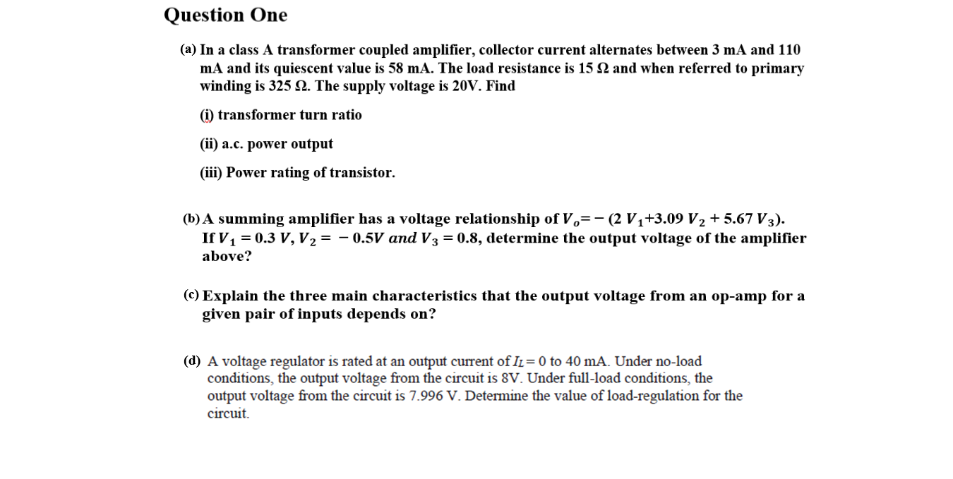 Solved Question One (a) In a class A transformer coupled | Chegg.com