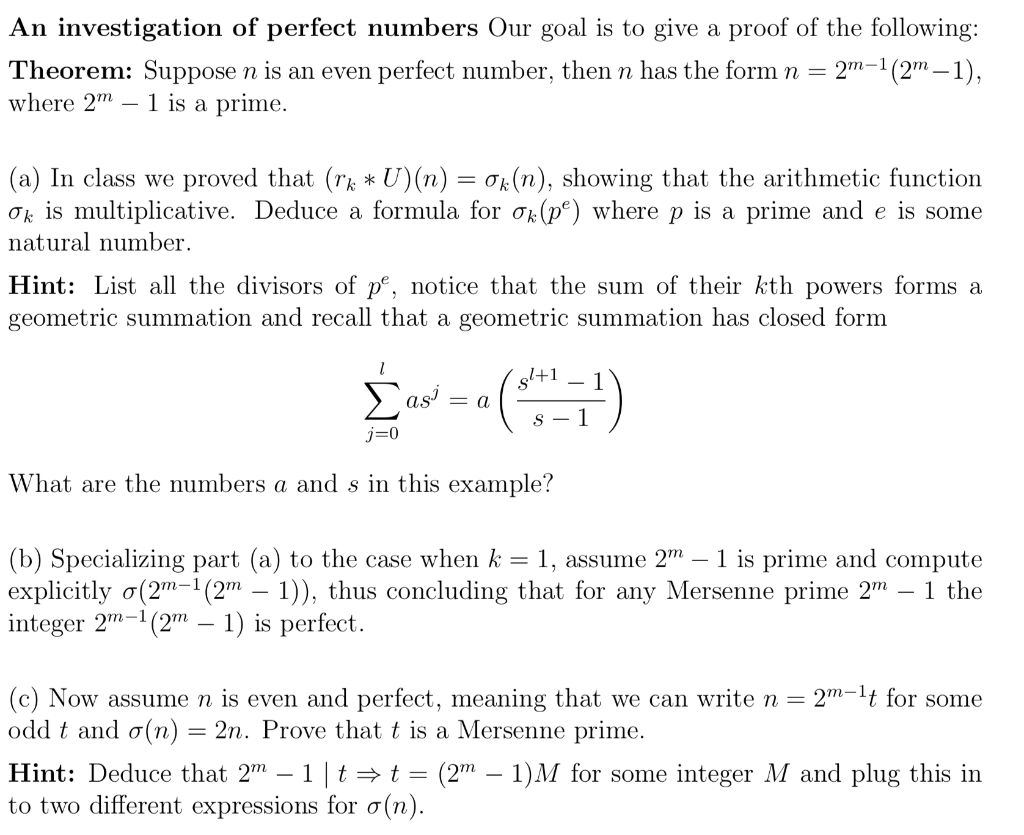 Solved An investigation of perfect numbers Our goal is to | Chegg.com