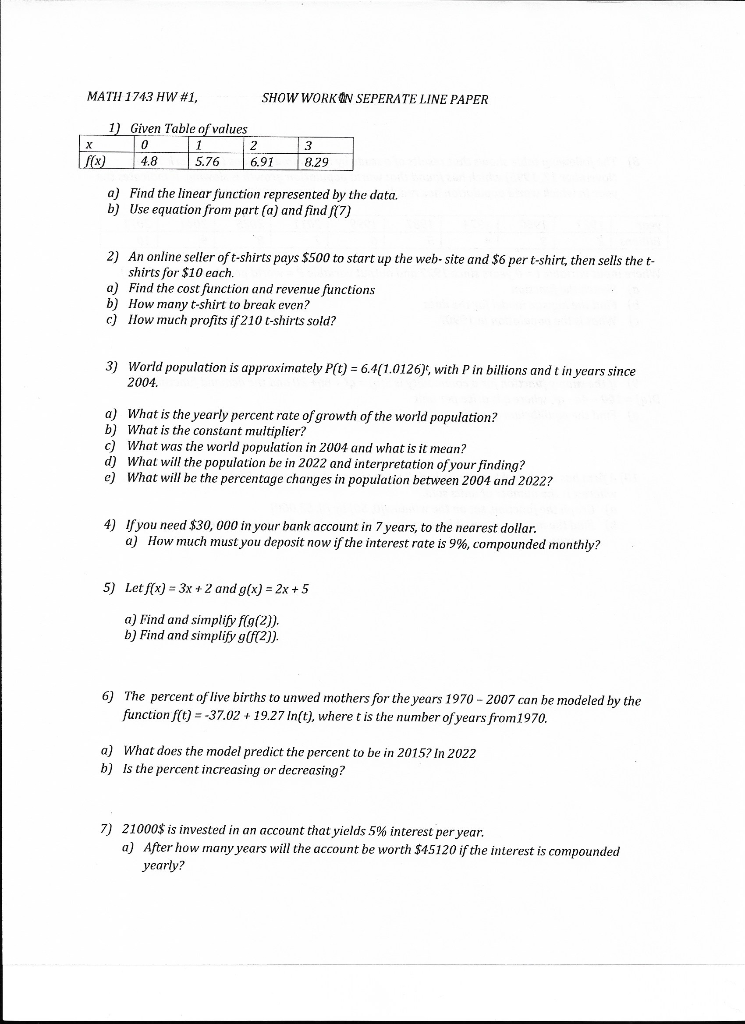 Solved MATH 1743 HW #1, SHOW WORK ON SEPERATE LINE PAPER 1) | Chegg.com