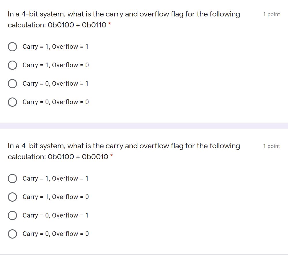 Solved 1 point In a 4-bit system, what is the carry and | Chegg.com
