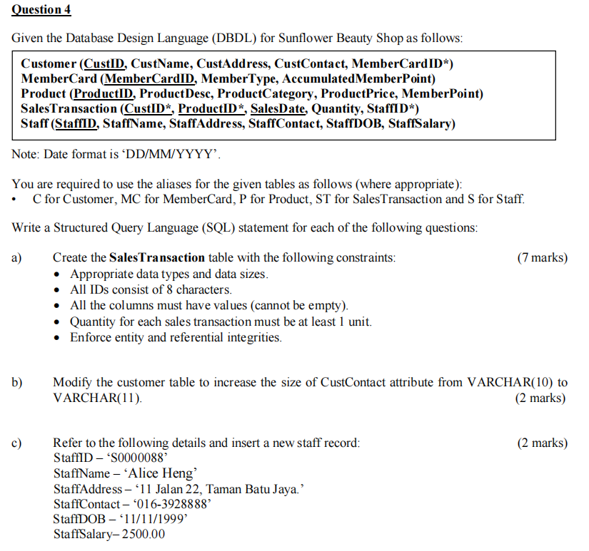 Solved Question 4 Given The Database Design Language Dbdl 8590