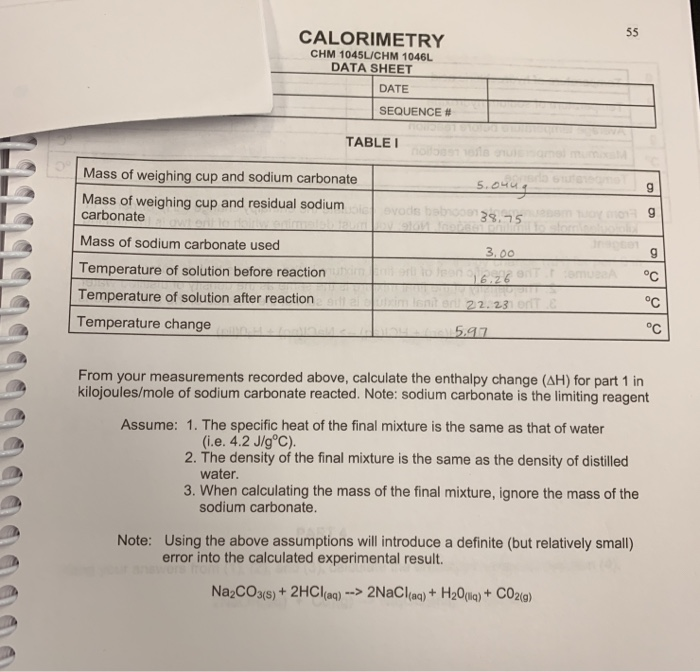 Solved CALORIMETRY CHM 1045L/CHM 1046L DATA SHEET DATE | Chegg.com
