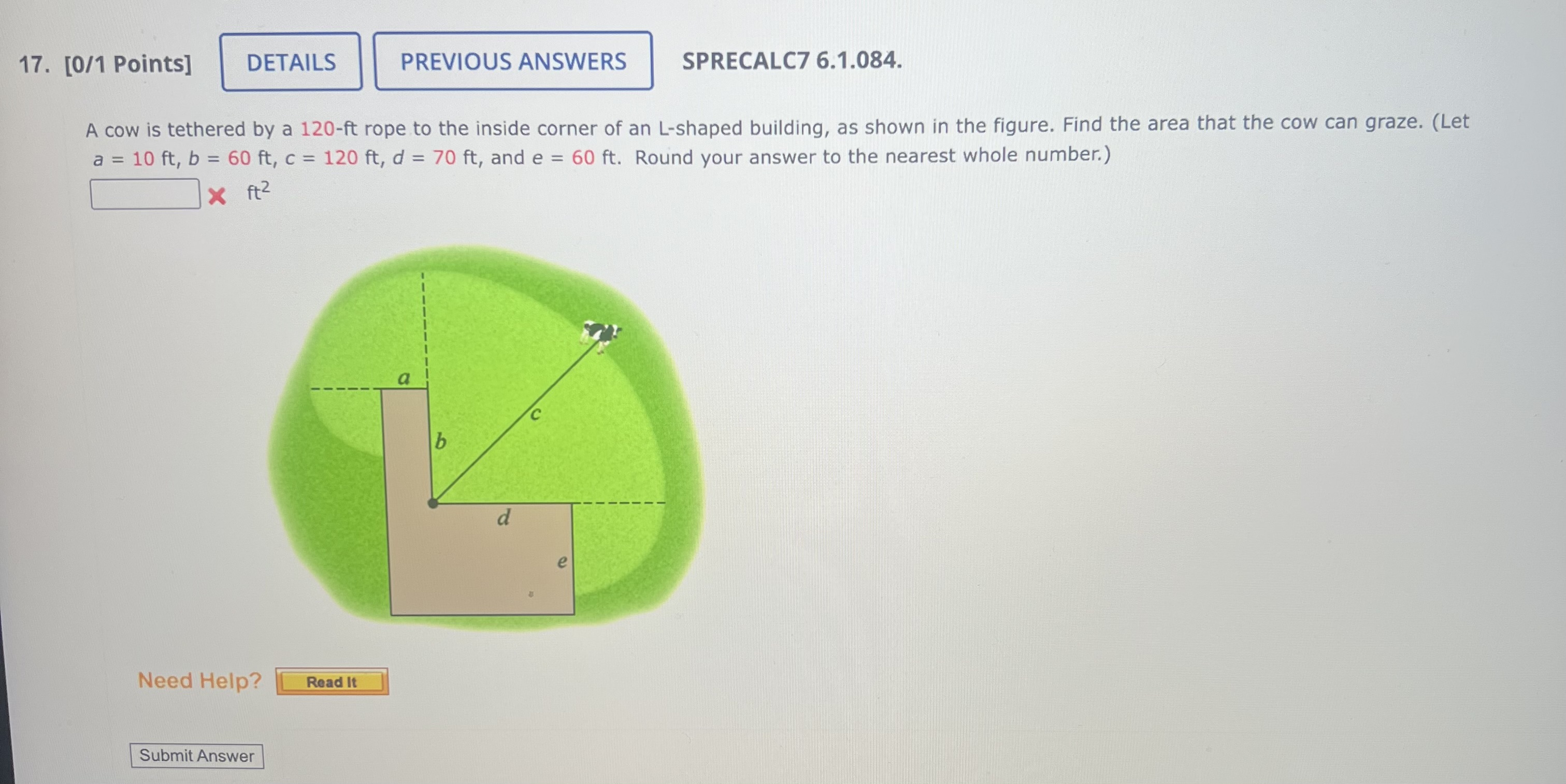 Solved A cow is tethered by a 120 -ft rope to the inside | Chegg.com