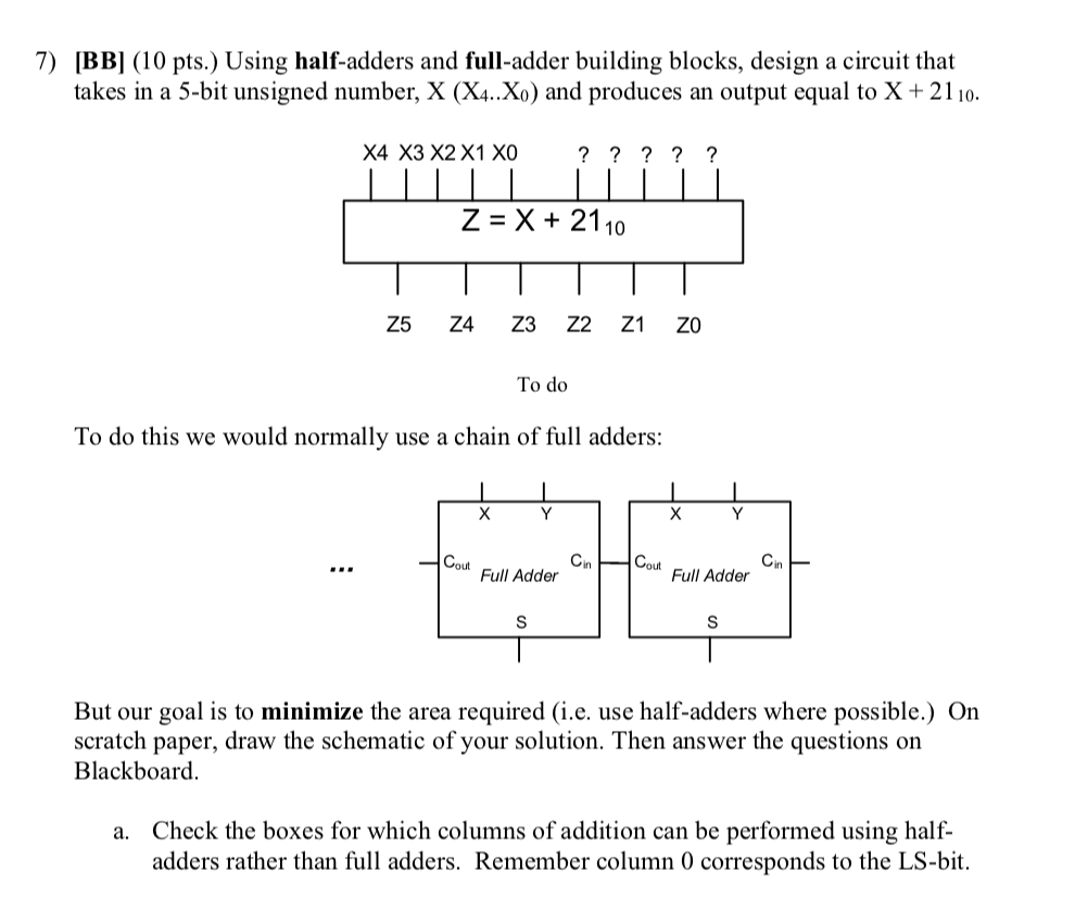 7) [BB] (10 pts.) Using half-adders and full-adder | Chegg.com