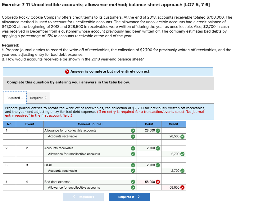 Solved Exercise 7 11 Uncollectible Accounts Allowance Chegg