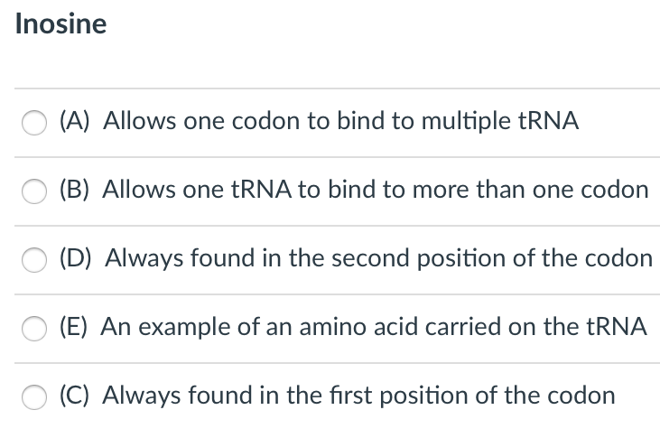 Solved Inosine (A) Allows one codon to bind to multiple tRNA | Chegg.com