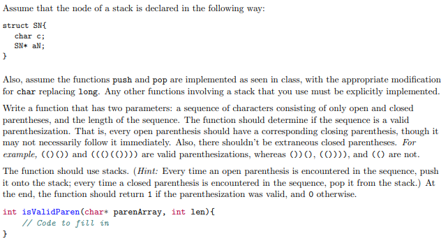 Solved struct SN char c SN* aN Also, assume the functions | Chegg.com