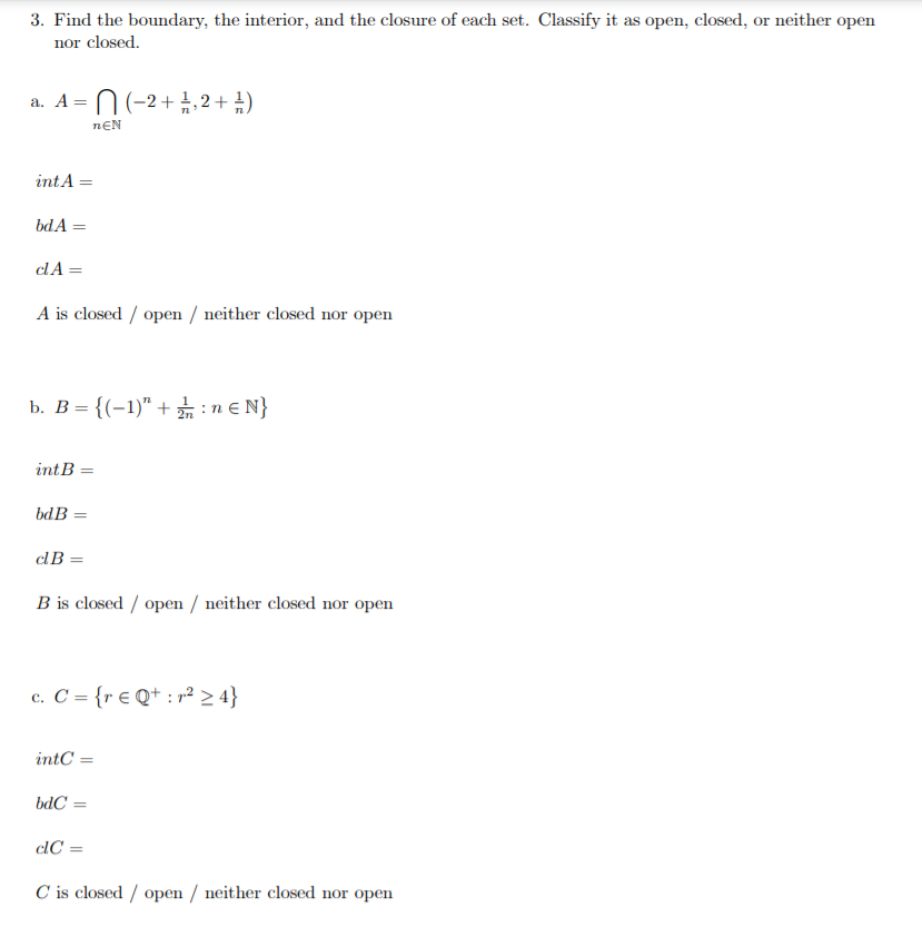 Solved 3. Find the boundary, the interior, and the closure | Chegg.com