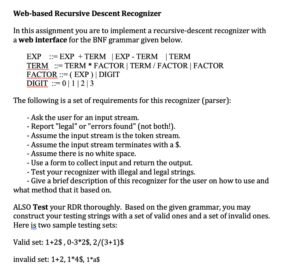 Solved Web Based Recursive Descent Recognizer In This 