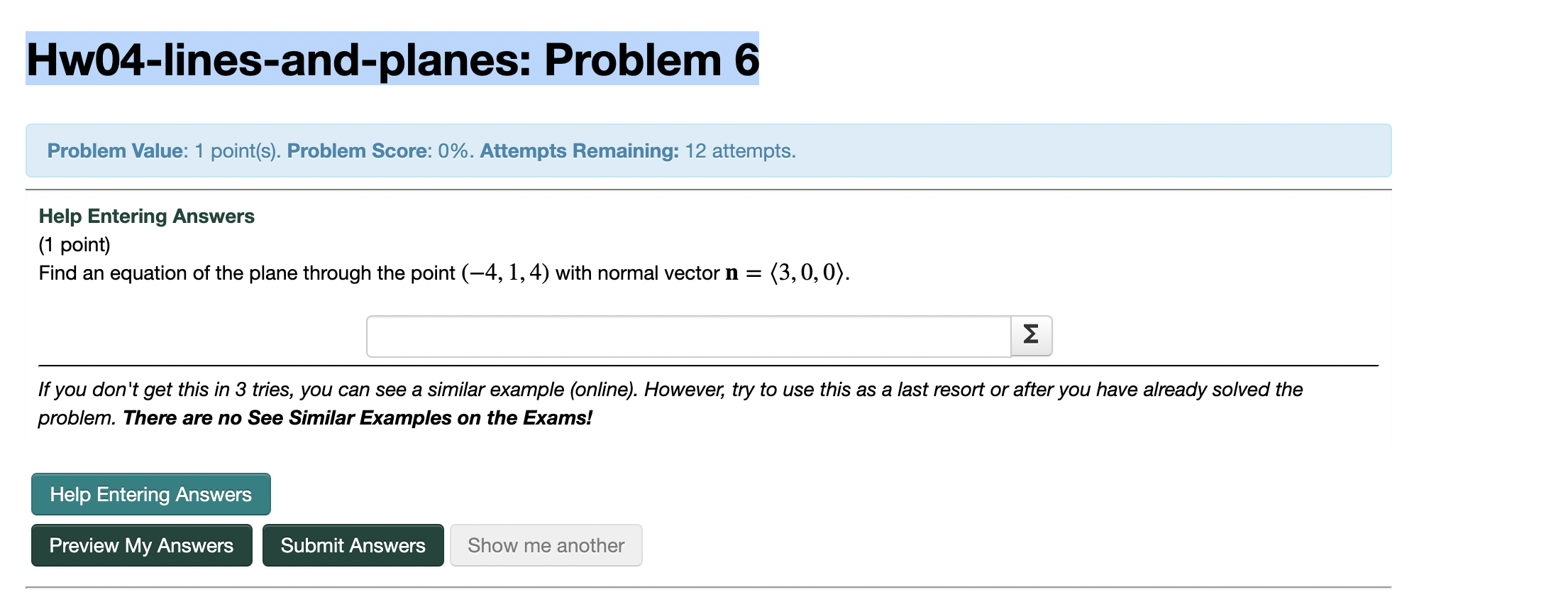 Solved Hw04-lines-and-planes: Problem 6 Problem Value: 1 | Chegg.com