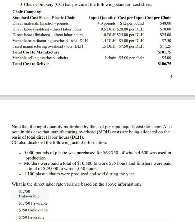 Solved 13. Chair Company (CC) has provided the following | Chegg.com