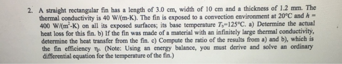 Solved A straight rectangular fin has a length of 3.0 cm, | Chegg.com
