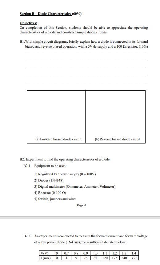 Solved Section B - Diode Characteristics (60%) Objectives: | Chegg.com