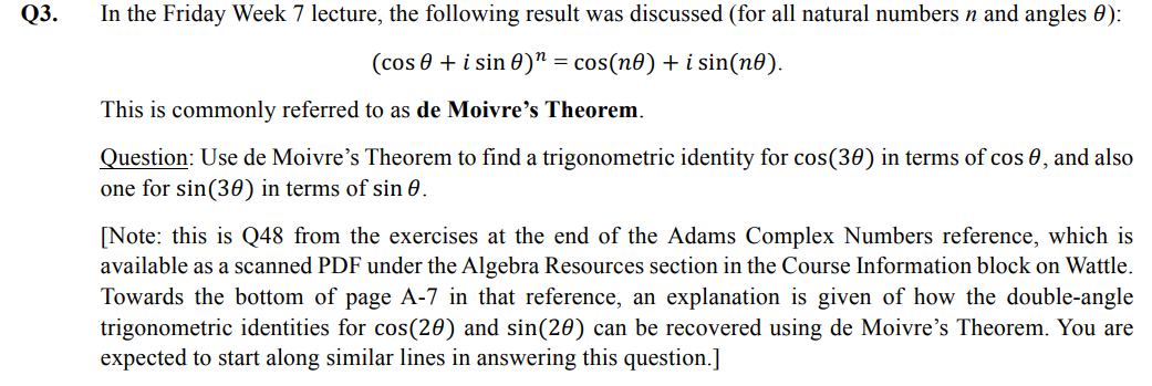 Solved (cosθ+isinθ)n=cos(nθ)+isin(nθ) This is commonly | Chegg.com